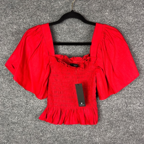 Lulus | Tops | New Lulus Red Smocked Square Neck Flutter Sleeve Crop ...